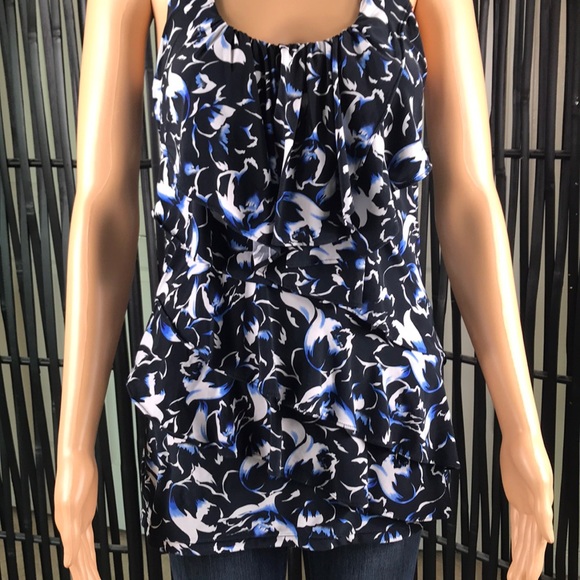 White House Black Market | Tops | Whbm Black Blue Floral Front Ruffle ...